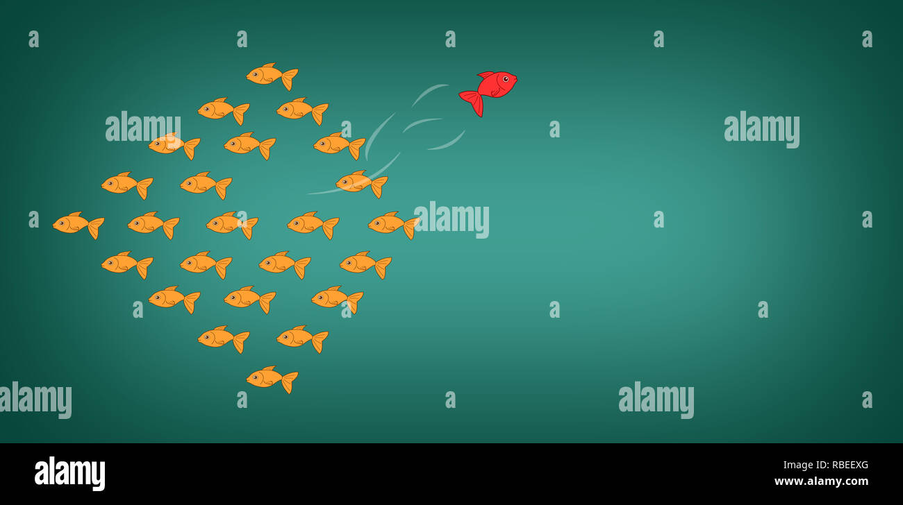 red fish leaving the herd, innovation concept Stock Photo - Alamy