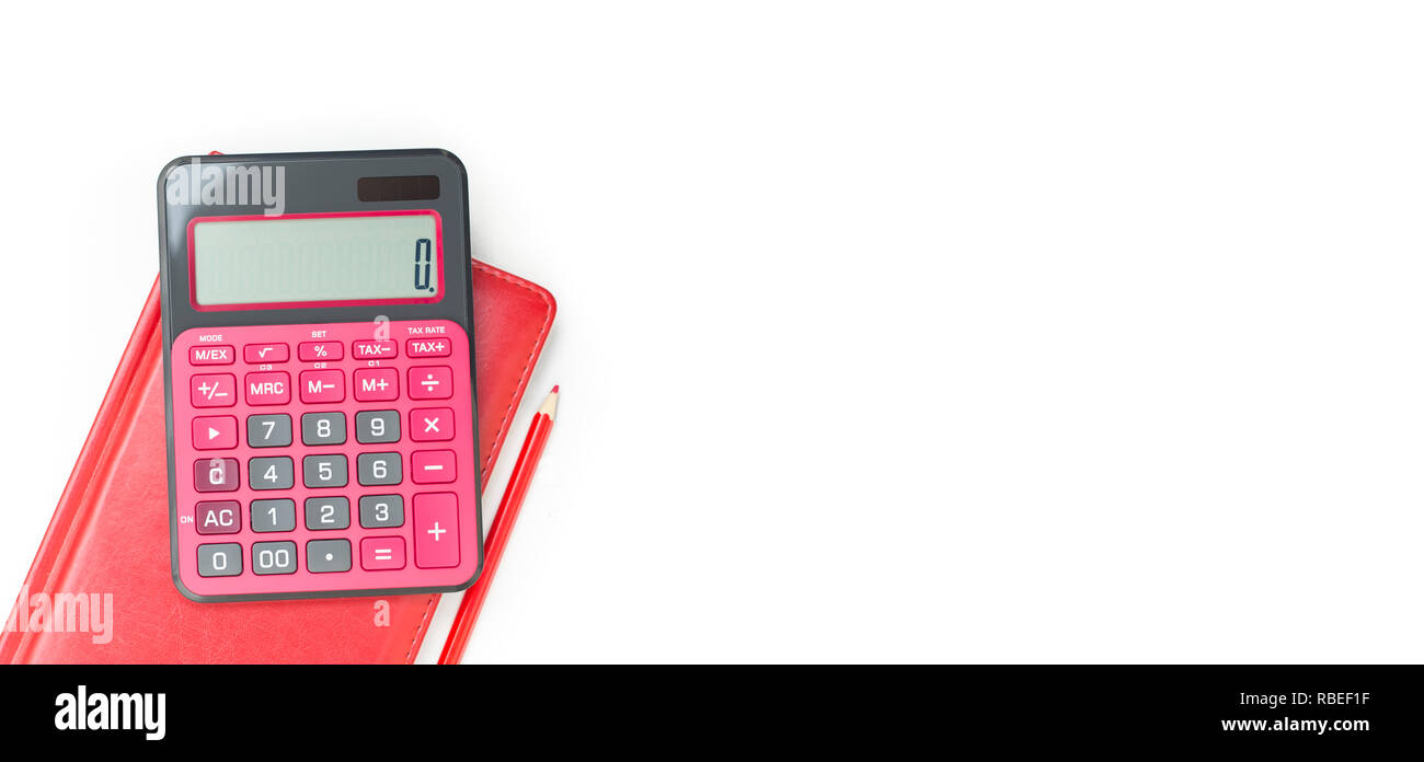red calculator and organizer on the white table with red pencil Stock ...