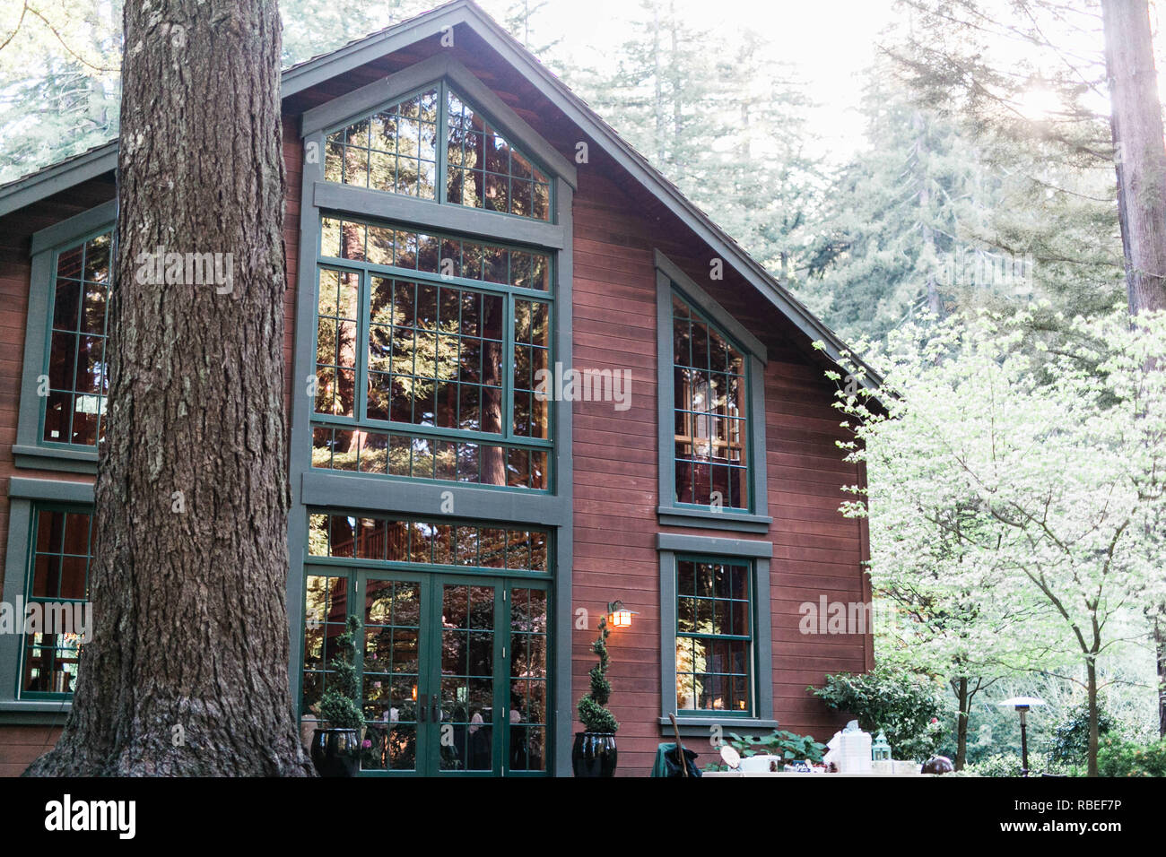large cabin in forest with large windows Stock Photo - Alamy