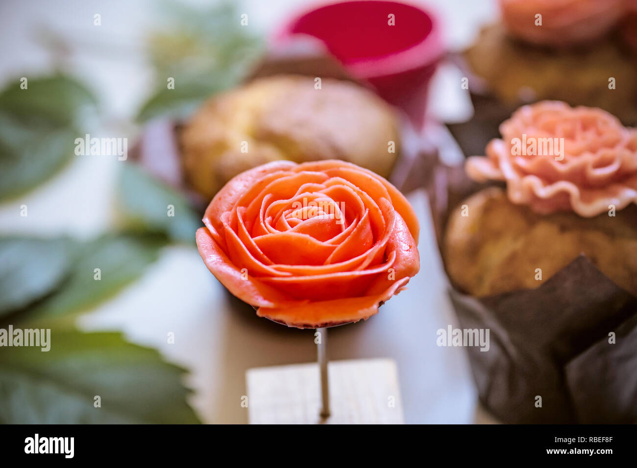 cupcake with rose, from Korean buttercream, dessert Stock Photo - Alamy