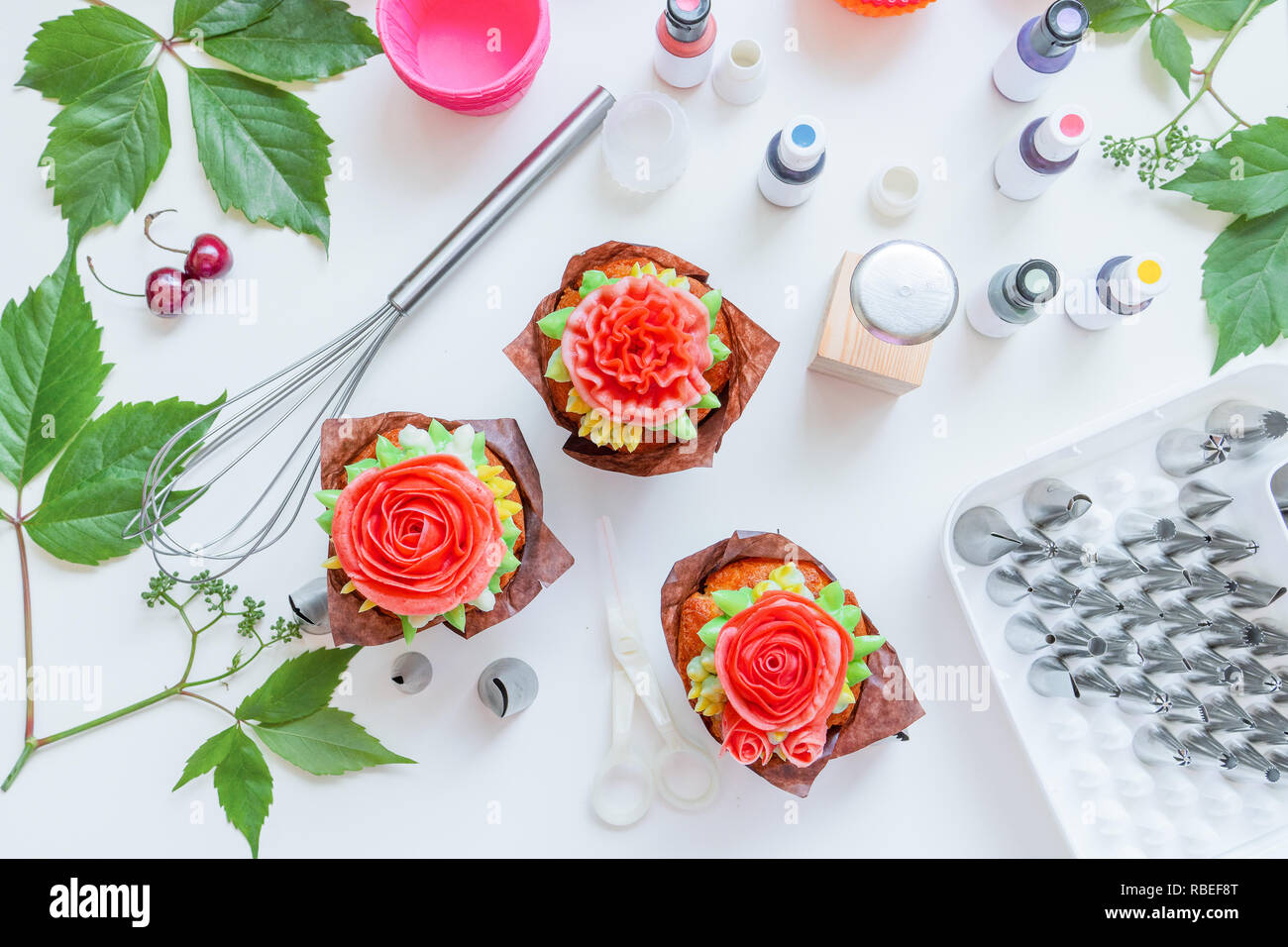 cupcake with rose, from Korean buttercream, dessert Stock Photo - Alamy