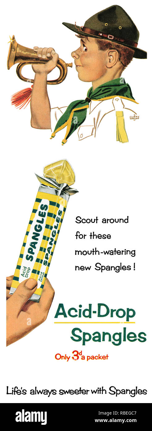 1954 British advertisement for Acid-Drop Spangles sweets, illustrated ...