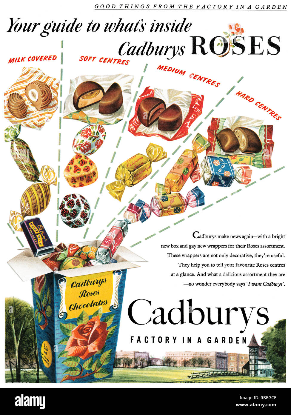 1954 British advertisement for Cadbury's Roses chocolates Stock Photo ...