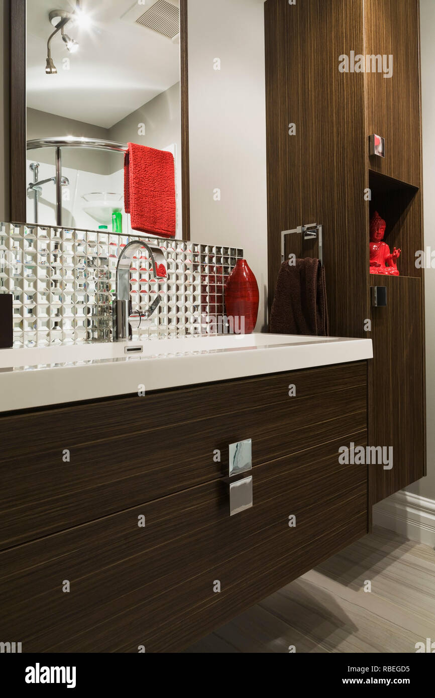 Contemporary wooden vanity and storage closet in guest bathroom in the ...