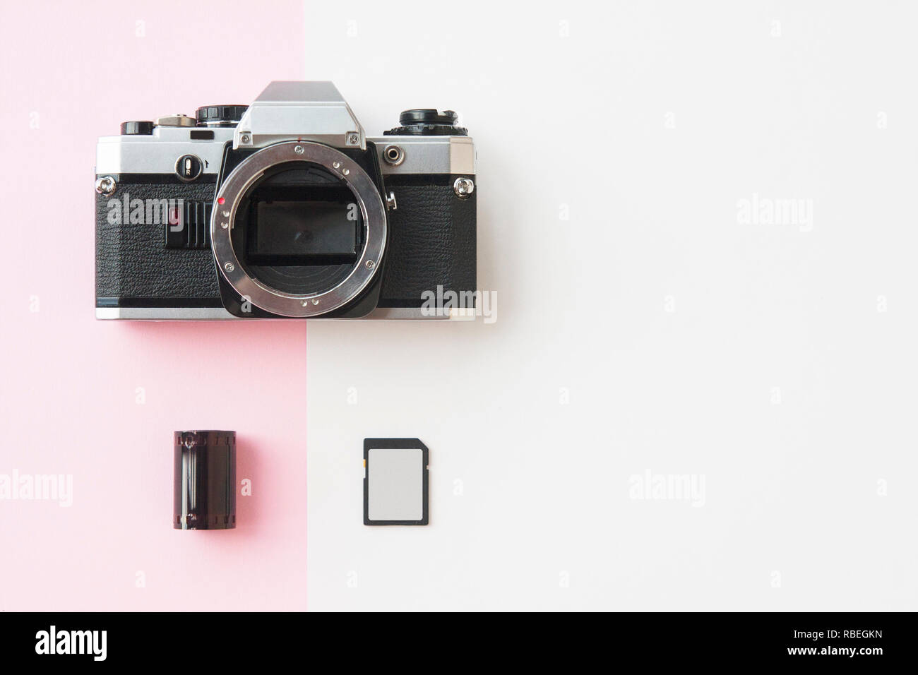 Top View of SLR Camera with 35 mm Negative Film and Flash Memory Card ...