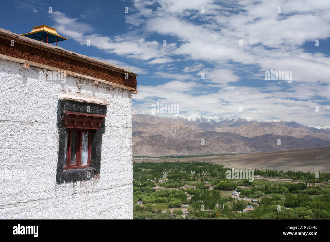 Window of the Matho gompa monastery with beautiful view at the valley ...