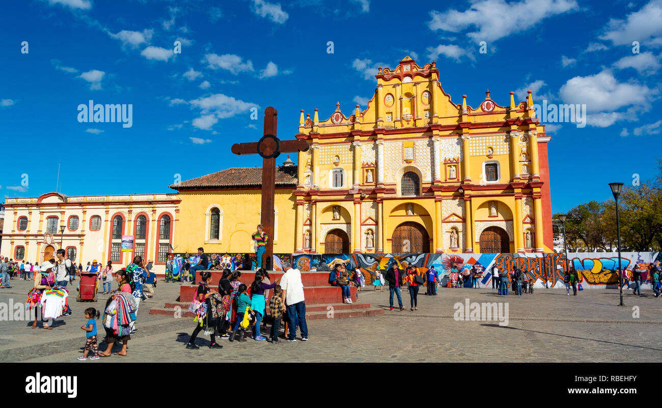 A panoramic view of the main square and Cathedral, San Cristobal de las Casas, Chiapas, Mexico ...