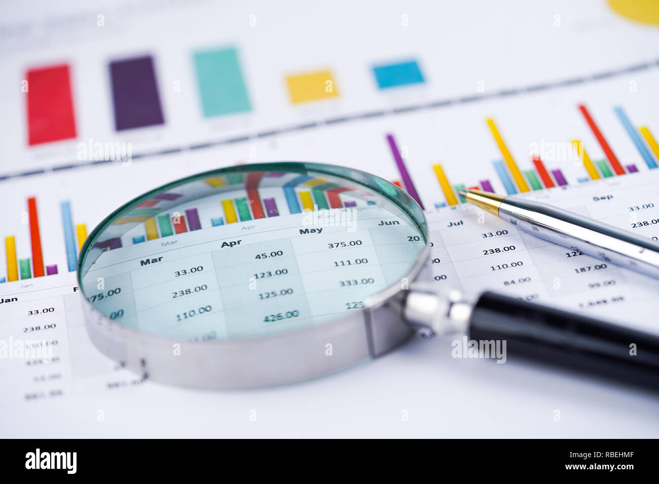 Magnifying glass on charts graphs spreadsheet paper Stock Photo - Alamy