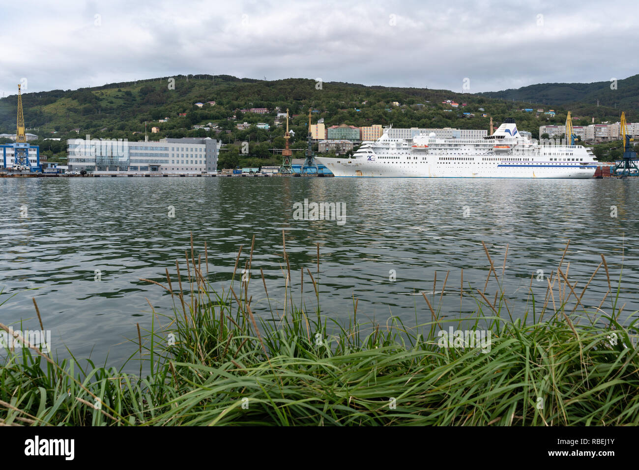 Evening view of white Japanese cruise liner Pacific Venus anchored at ...