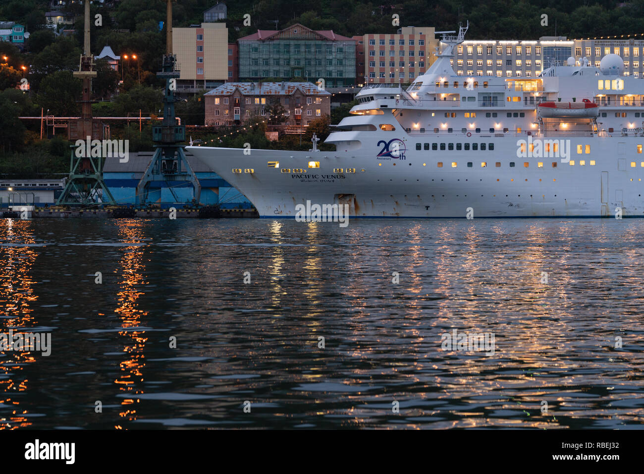 Night view of Japanese cruise liner Pacific Venus anchored at pier in ...