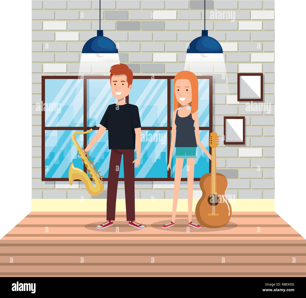 Cheerful couple playing musical instruments hi-res stock photography ...