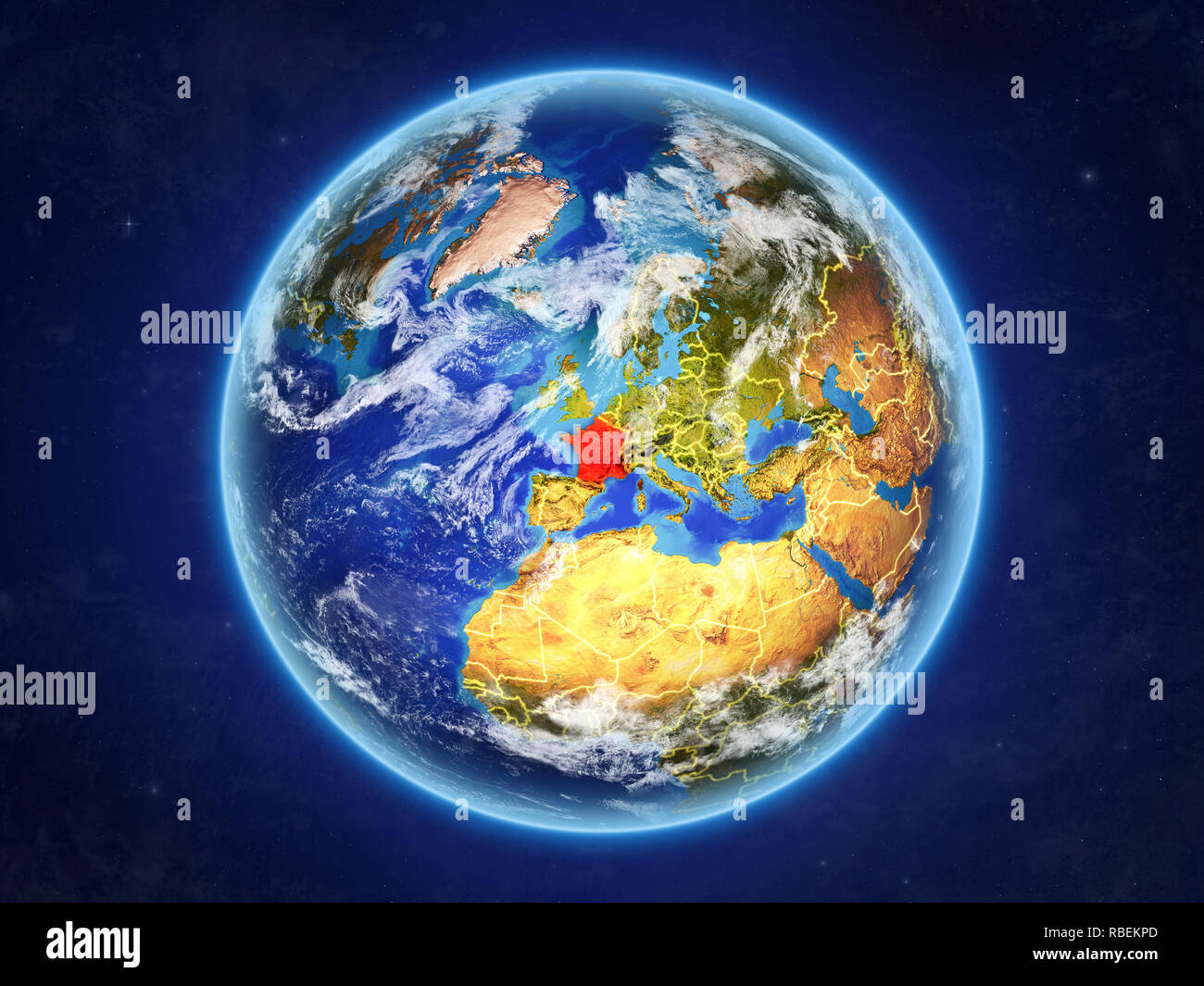 France from space. Planet Earth with country borders and extremely high ...