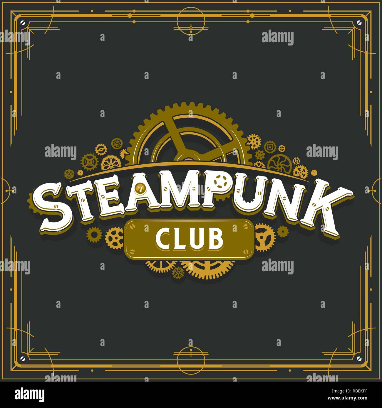 Steampunk club golden logo design victorian era cogwheels insignia ...