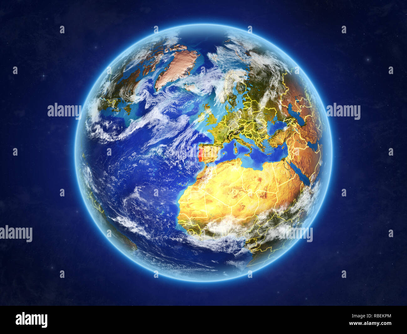 Portugal from space. Planet Earth with country borders and extremely ...