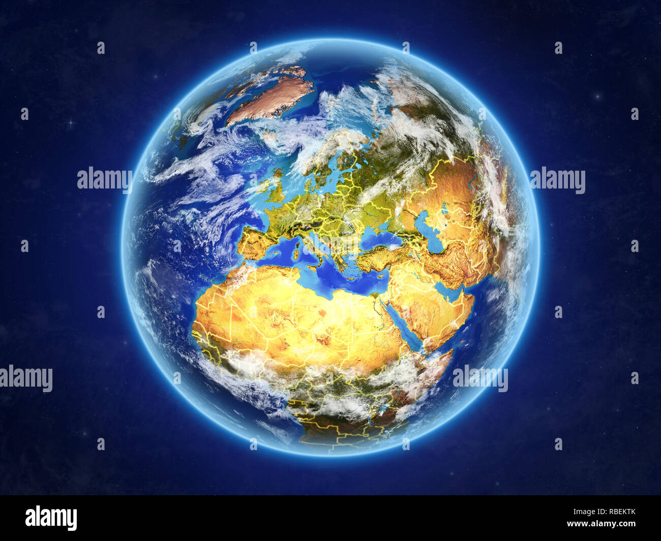 Montenegro from space. Planet Earth with country borders and extremely ...