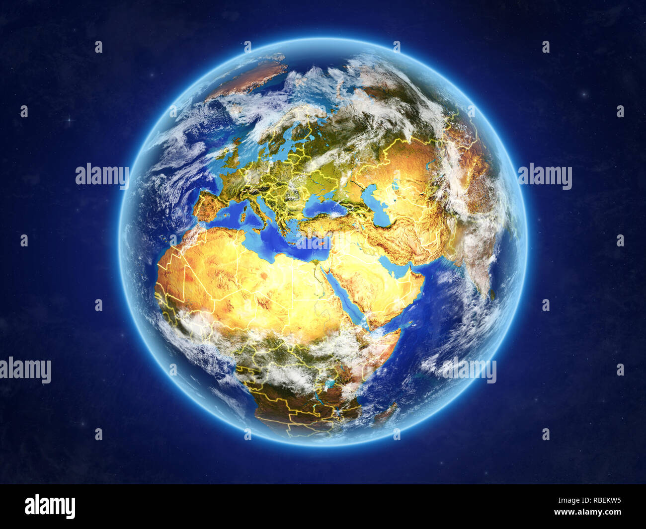 Cyprus from space. Planet Earth with country borders and extremely high ...