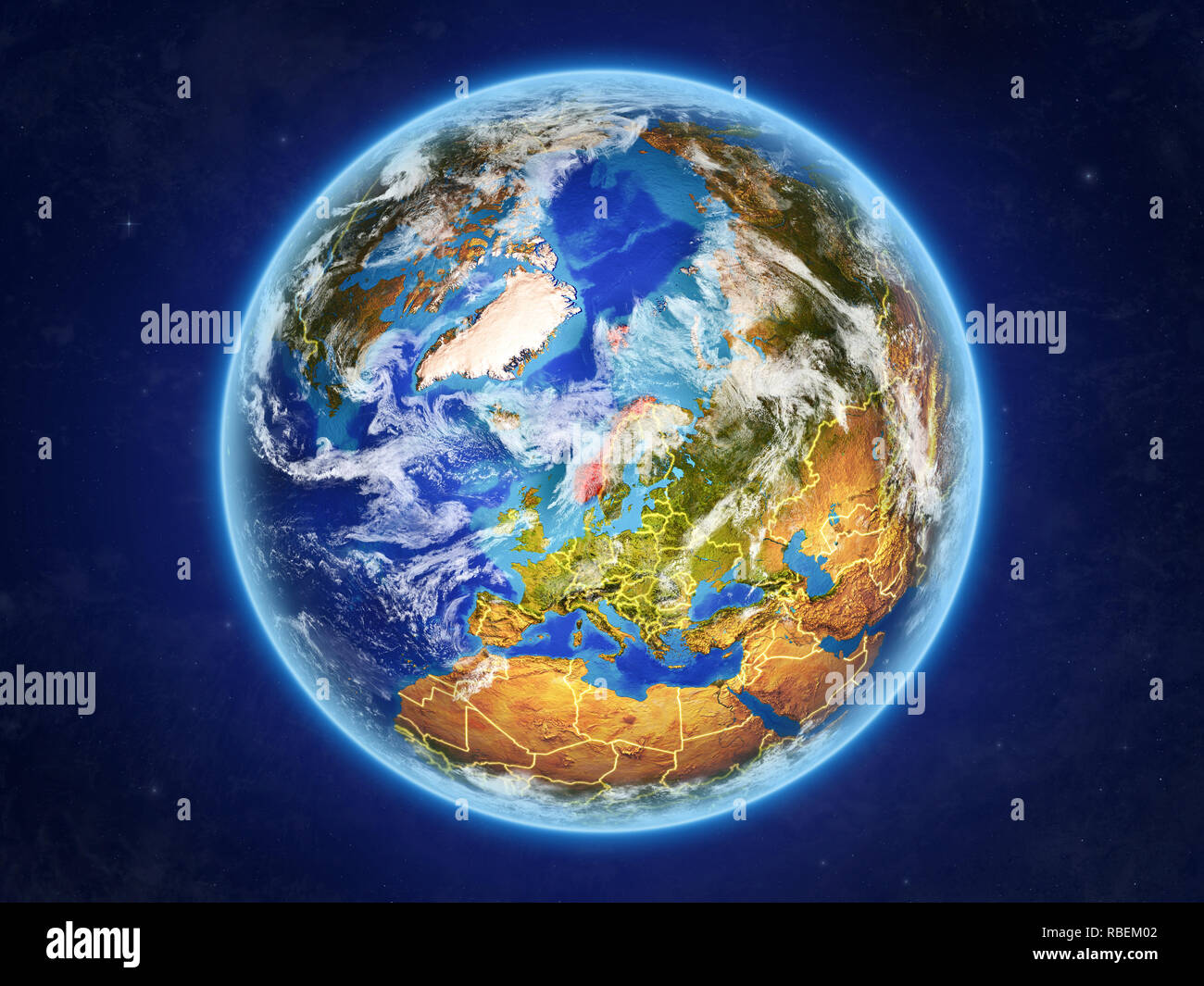 Norway from space. Planet Earth with country borders and extremely high ...