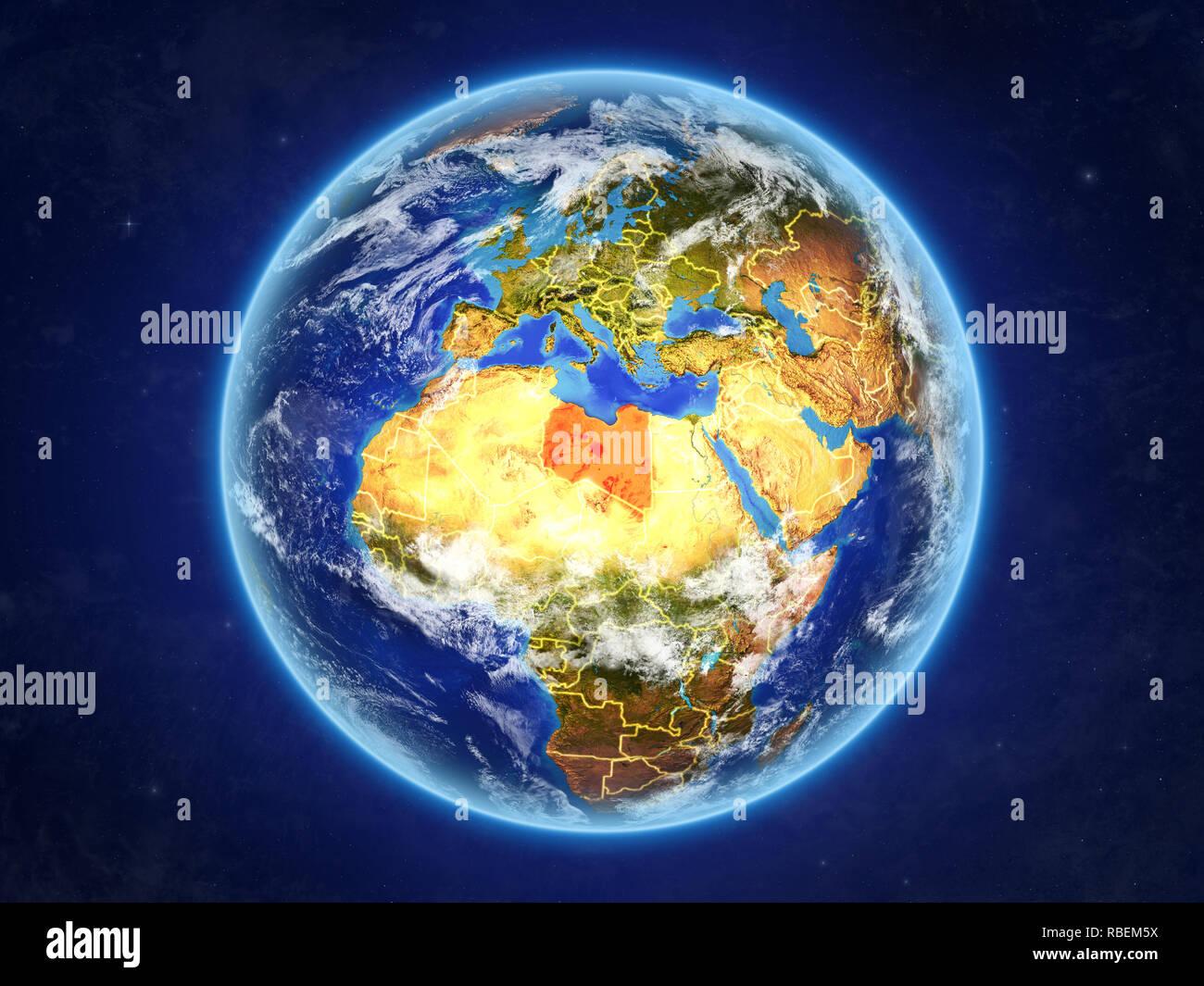 Libya from space. Planet Earth with country borders and extremely high ...