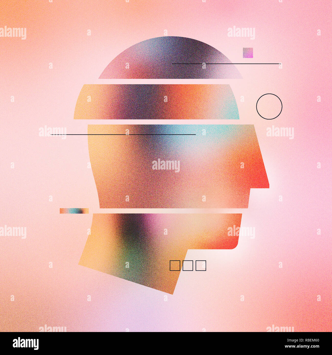 Digital illustration of abstract human head with sections and lines ...