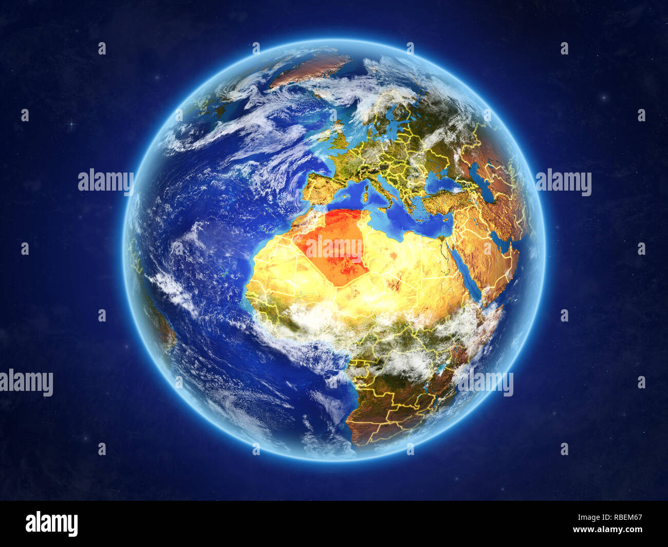Algeria from space. Planet Earth with country borders and extremely ...