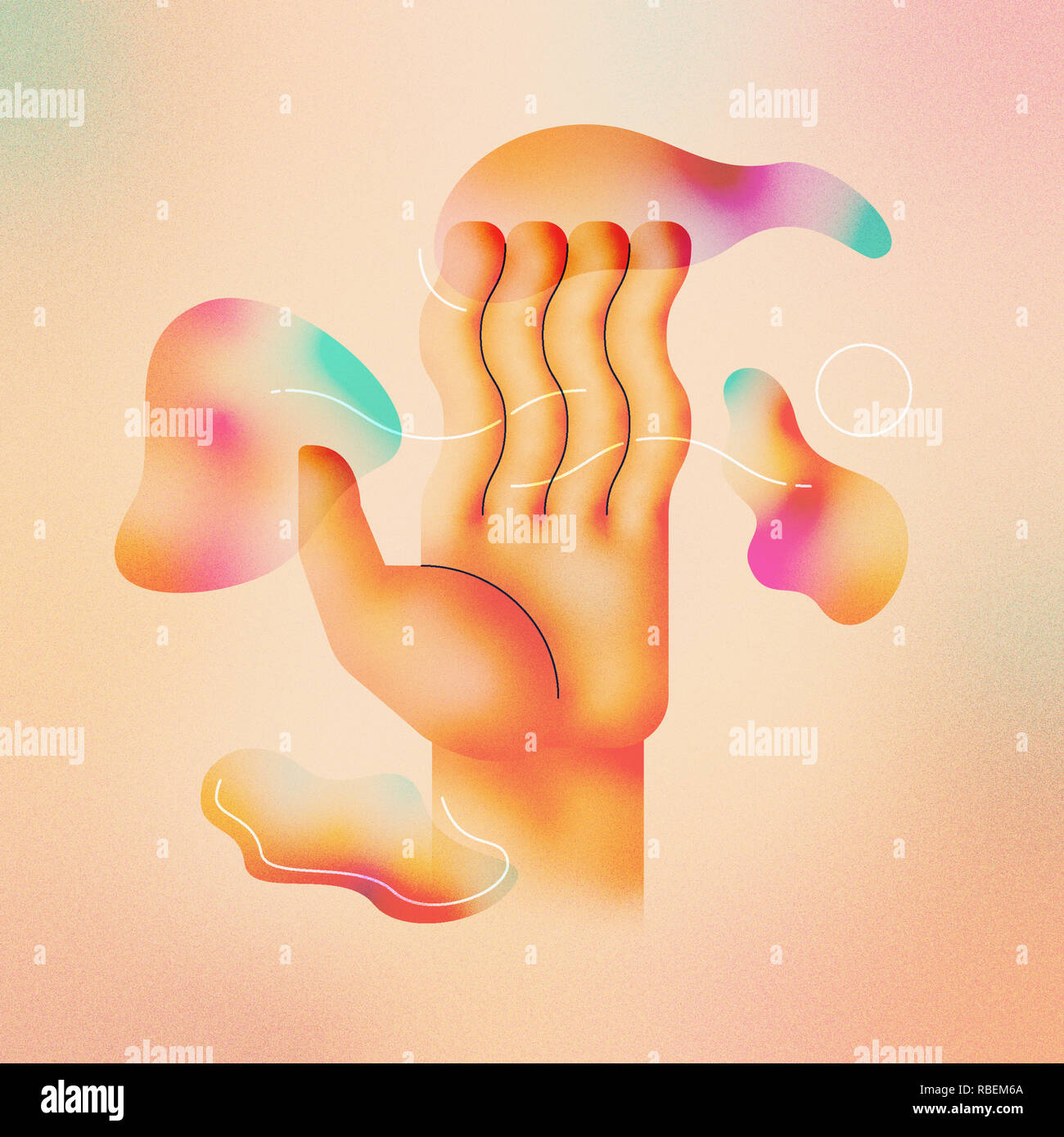 Digital illustration artwork of artist hand with abstract hologram ...