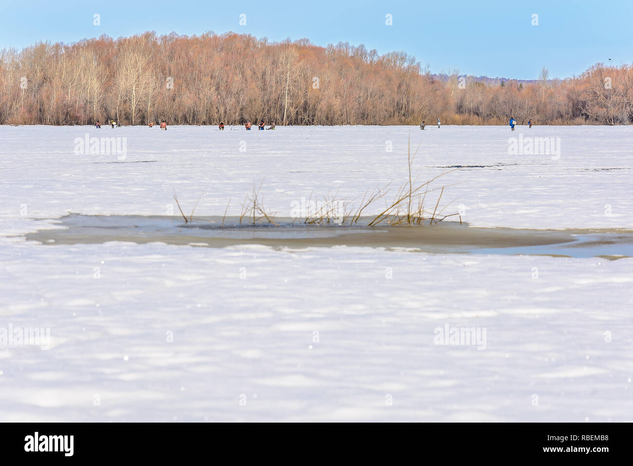 Melting of ice on the river in early spring under the warm rays of the ...