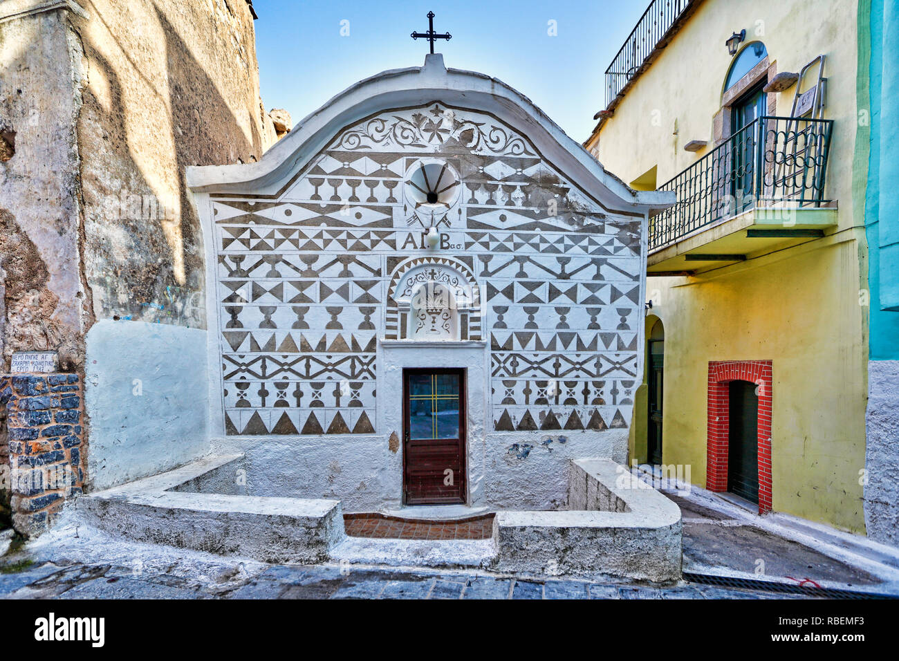 Agios Vasileios church decorated with the famous geometric scratch ...