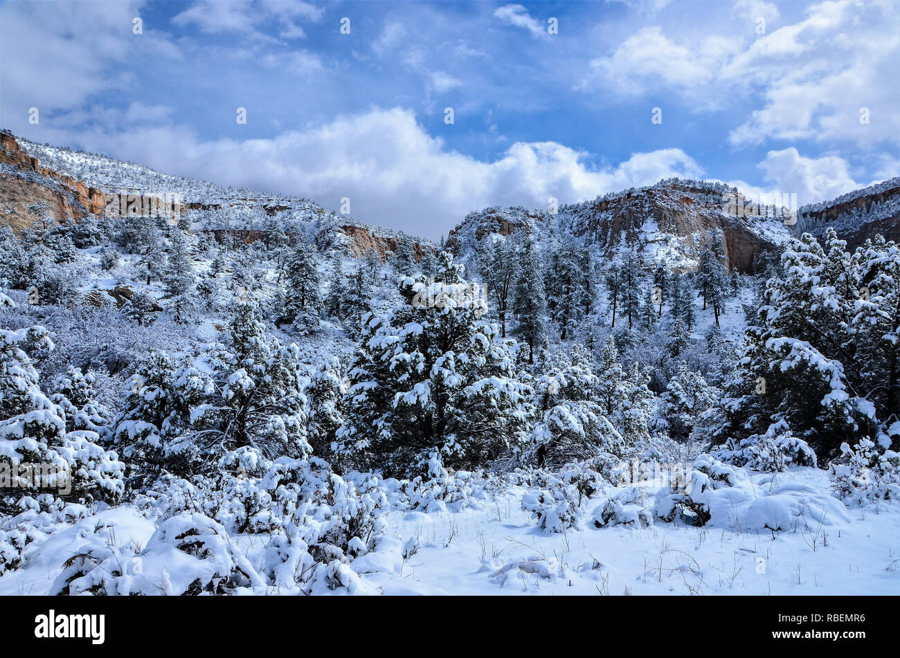 Snow covered red rock cliffs of Zion National Park, East entrance Stock ...