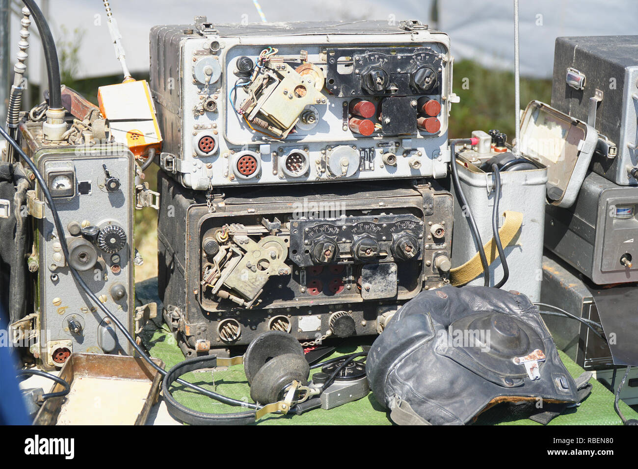 Old radio engineering devices. Scale with arrow, transceiver, measuring ...