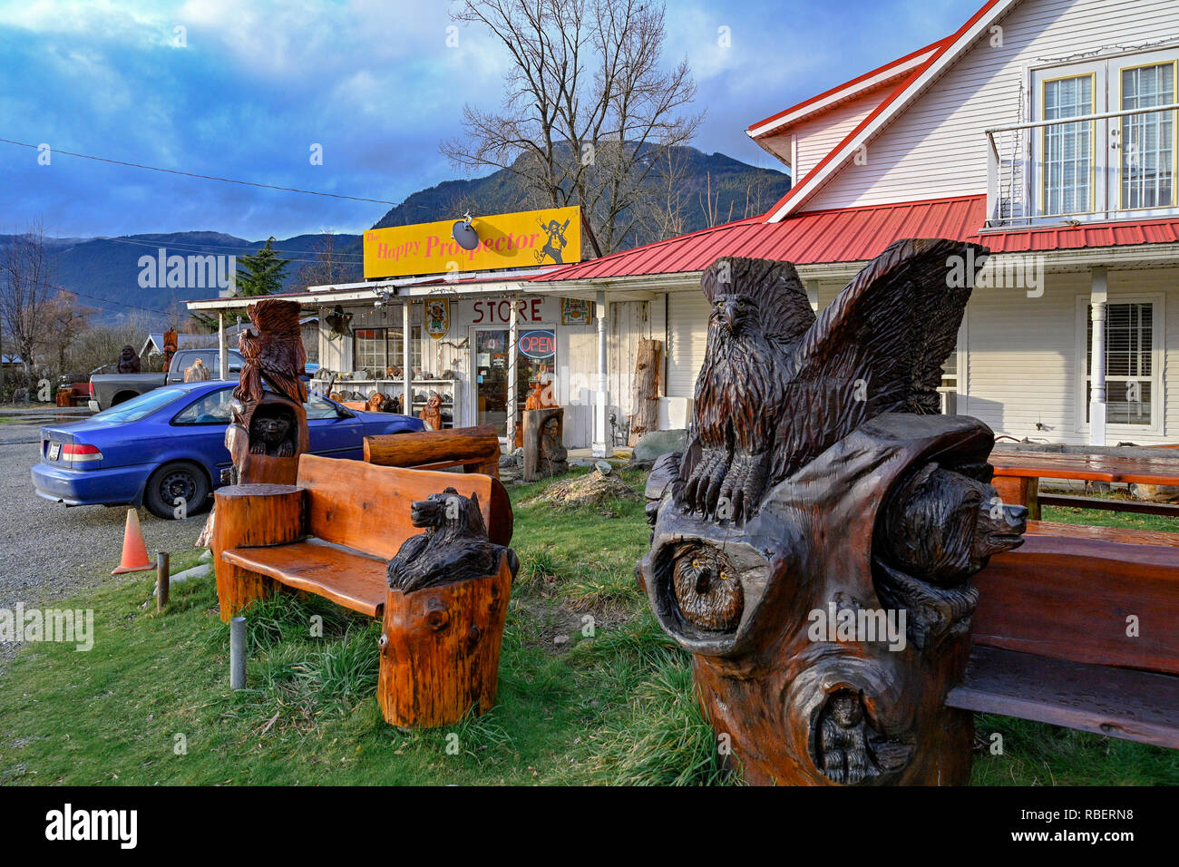 Wood carvings, Happy Prospector store, Harrison Hot Springs, British ...
