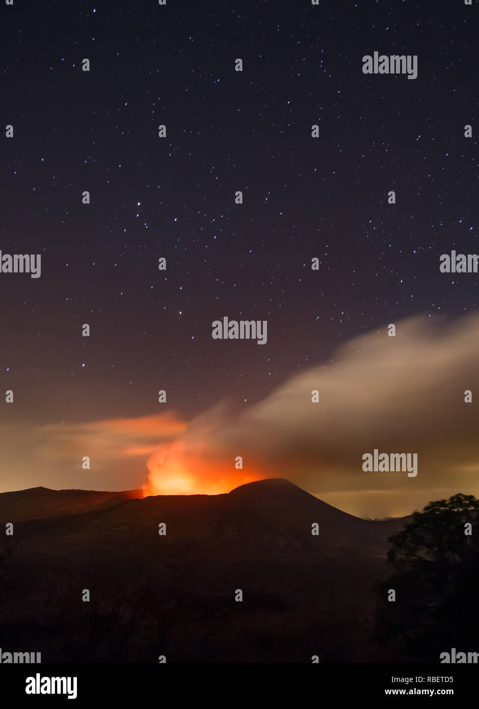 incredible night view of active volcano and a starry sky Stock Photo ...