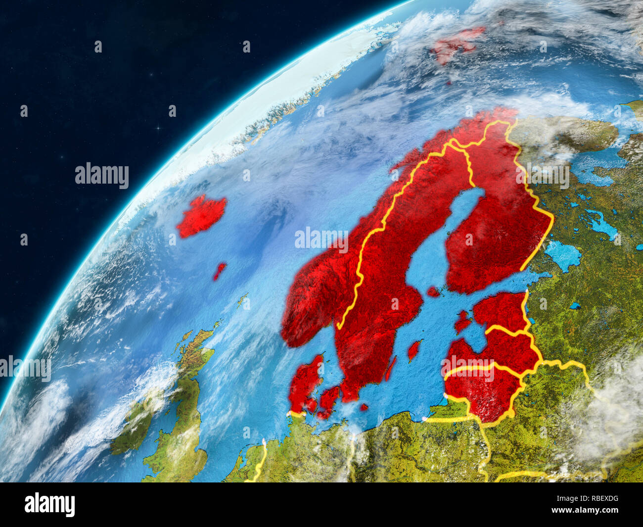 Northern Europe on realistic model of planet Earth with country borders ...