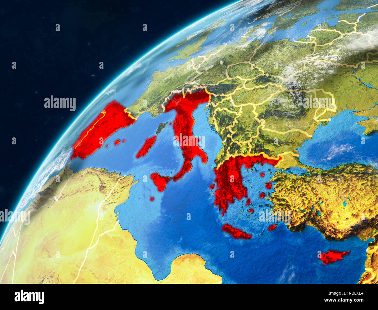 Southern Europe on realistic model of planet Earth with country borders ...
