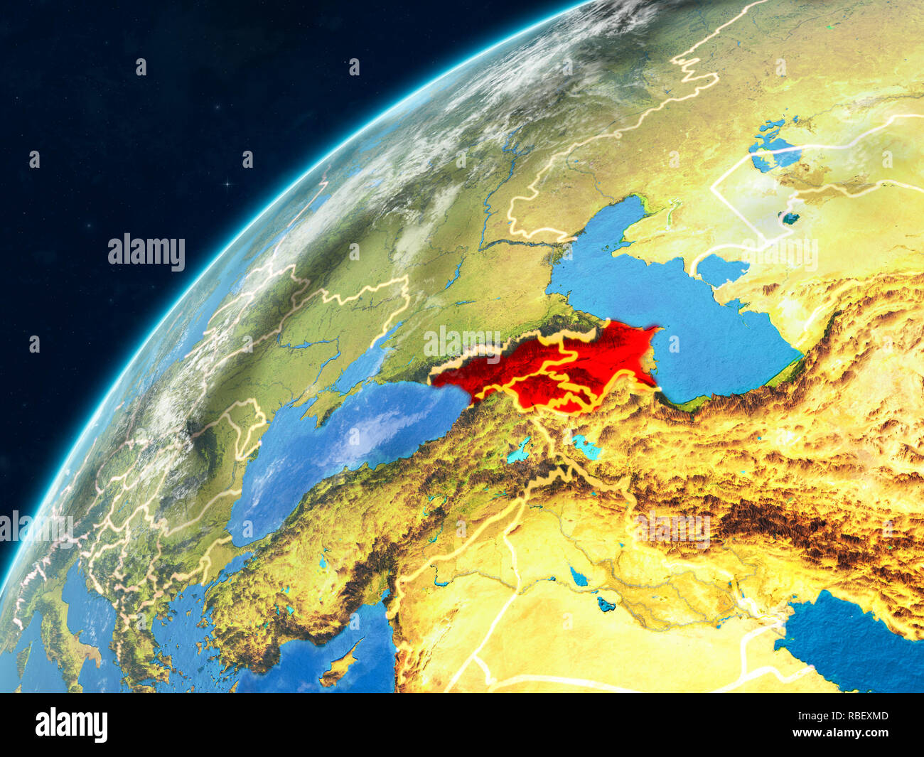Caucasus region on realistic model of planet Earth with country borders ...