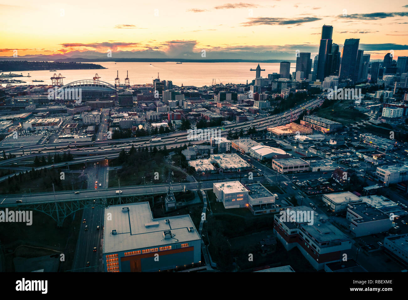 High helicopter perspective above downtown urban cityscape Stock Photo ...