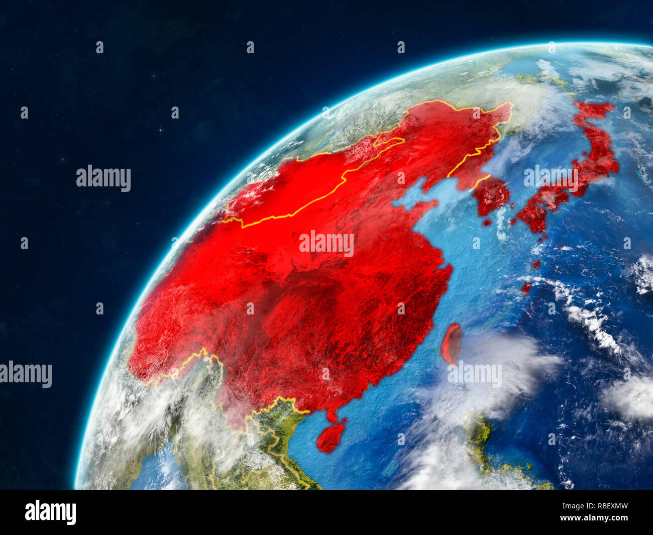 East Asia on realistic model of planet Earth with country borders and ...