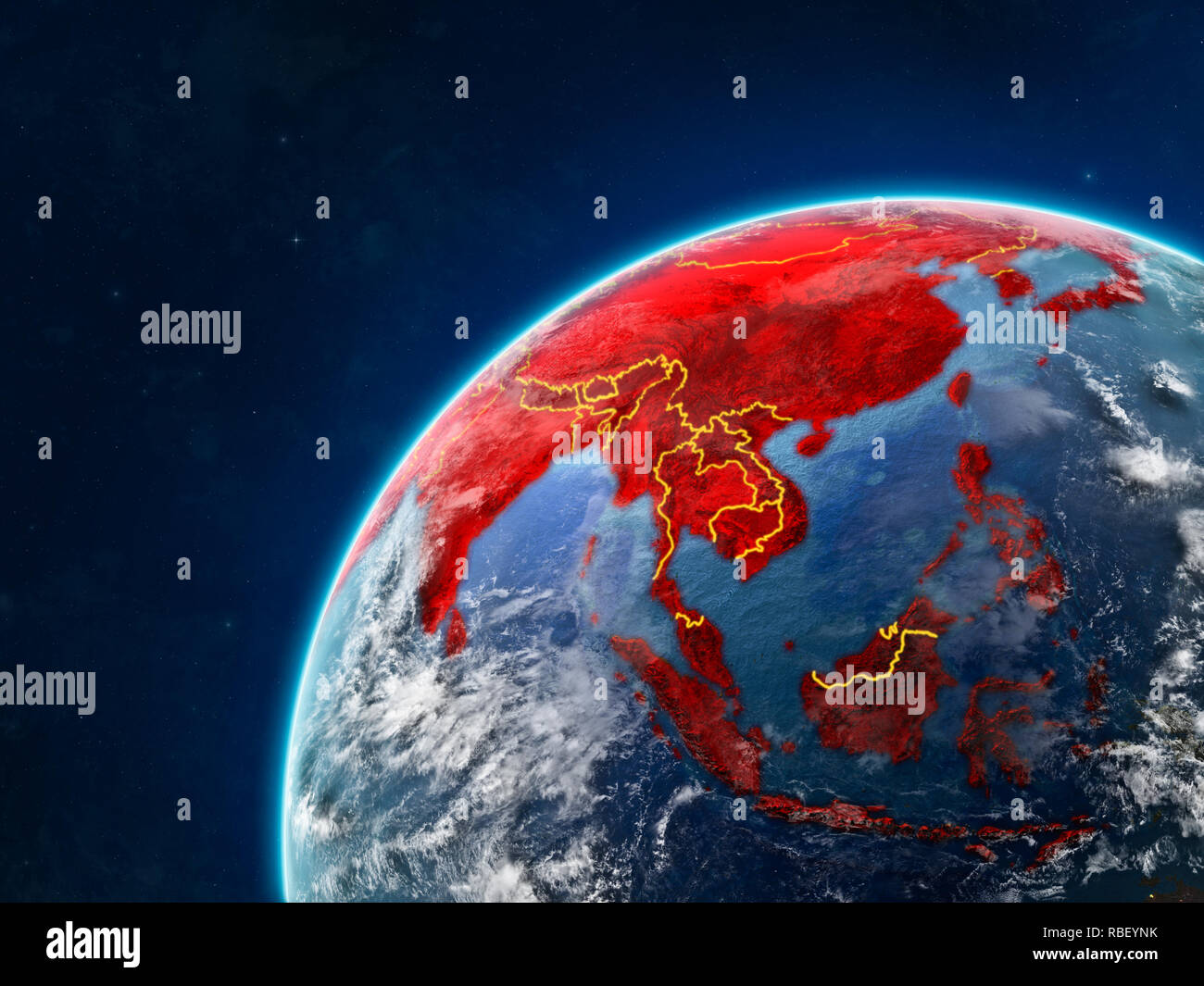 Asia on realistic model of planet Earth with country borders and very ...
