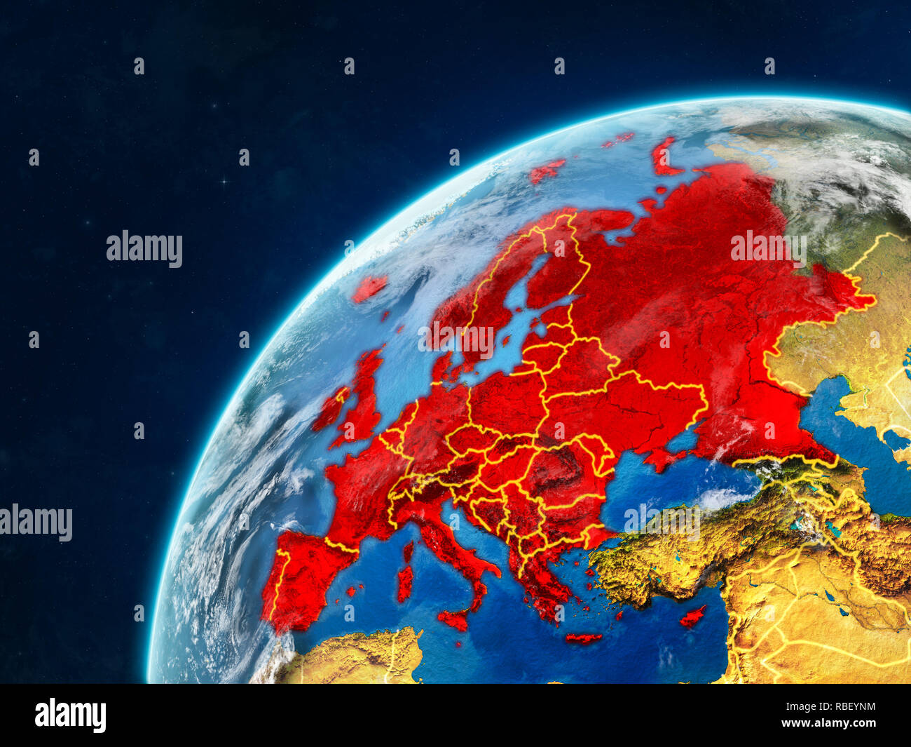 Europe on realistic model of planet Earth with country borders and very ...