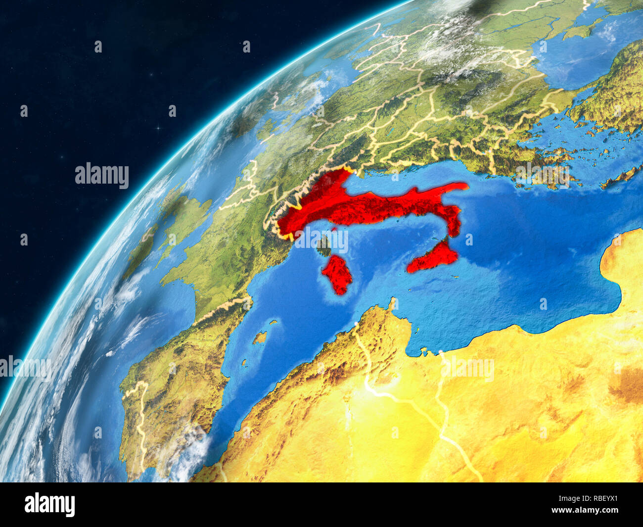 Italy on realistic model of planet Earth with country borders and very ...