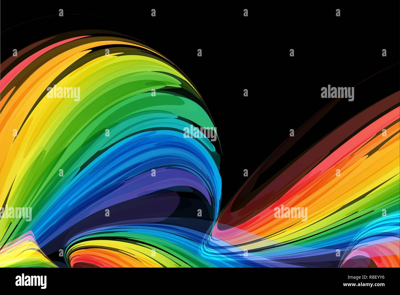 Rainbow curve elements on black background, bright striped abstraction ...
