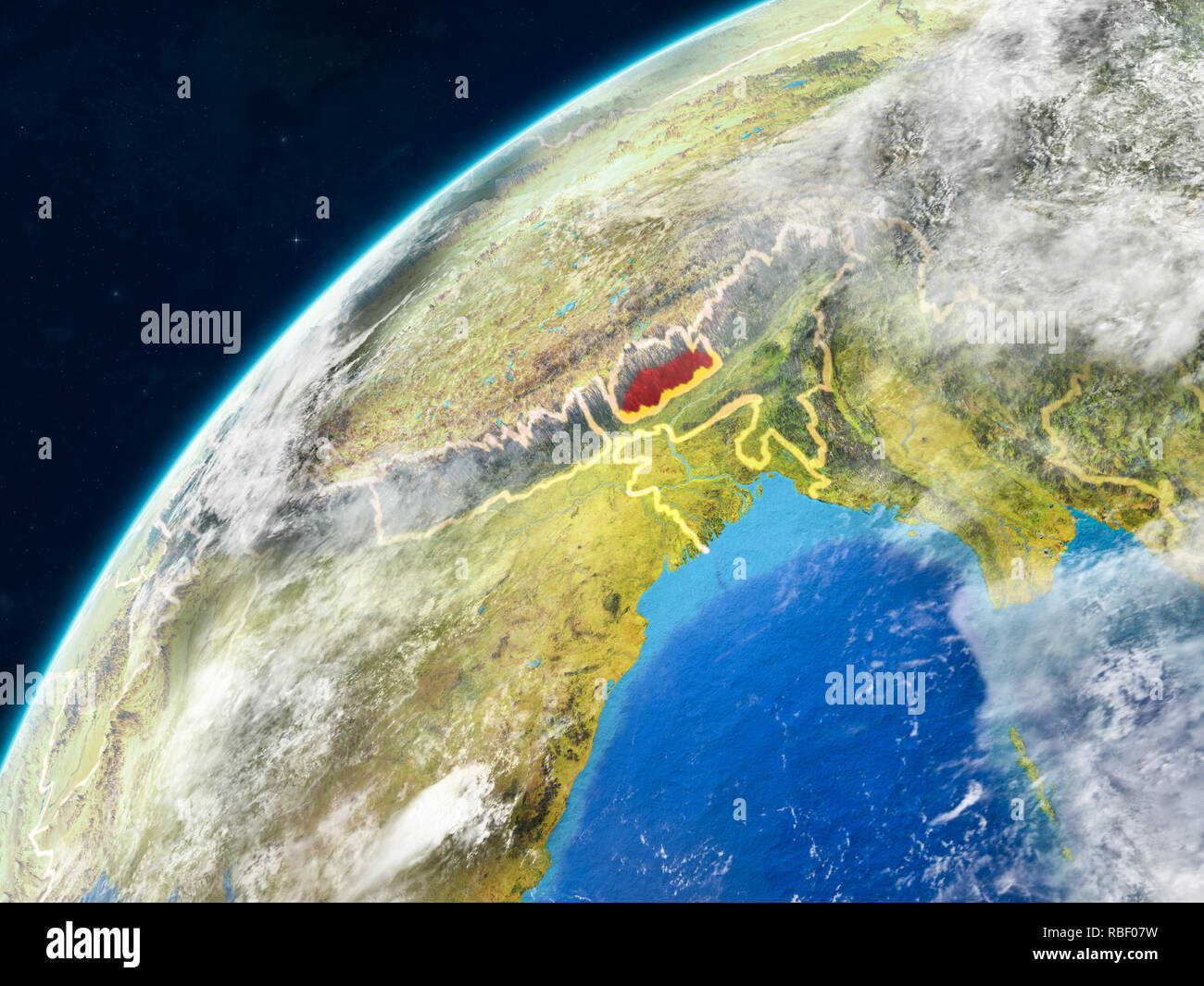 Bhutan on realistic model of planet Earth with country borders and very ...