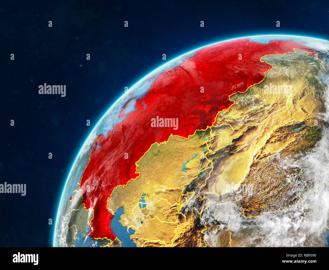 Russia on realistic model of planet Earth with country borders and very ...