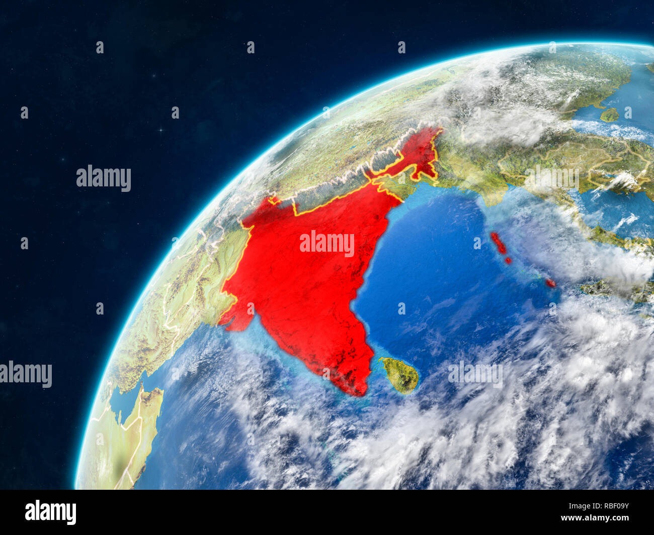 India on realistic model of planet Earth with country borders and very ...