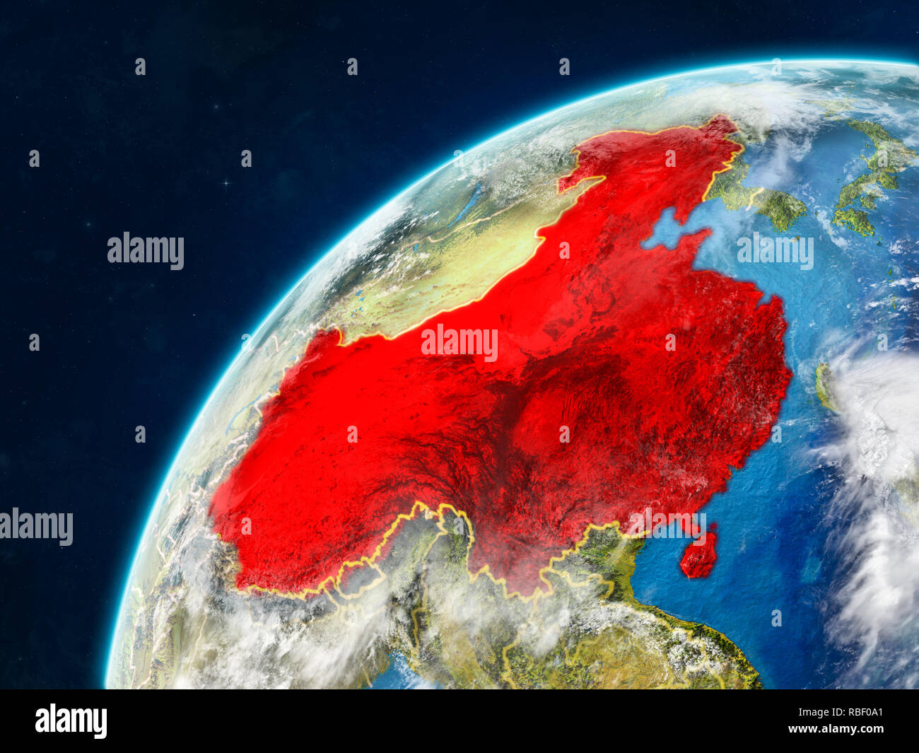 China on realistic model of planet Earth with country borders and very ...
