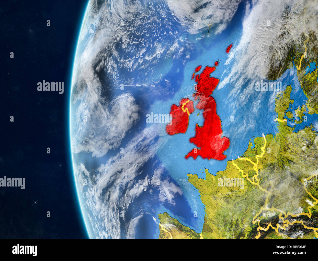British Isles from space on model of planet Earth with country borders ...