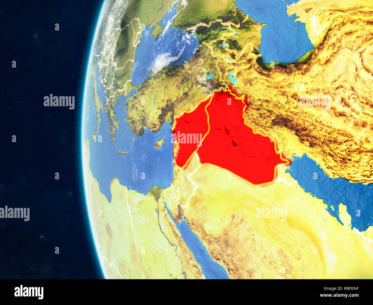 Islamic State from space on model of planet Earth with country borders ...