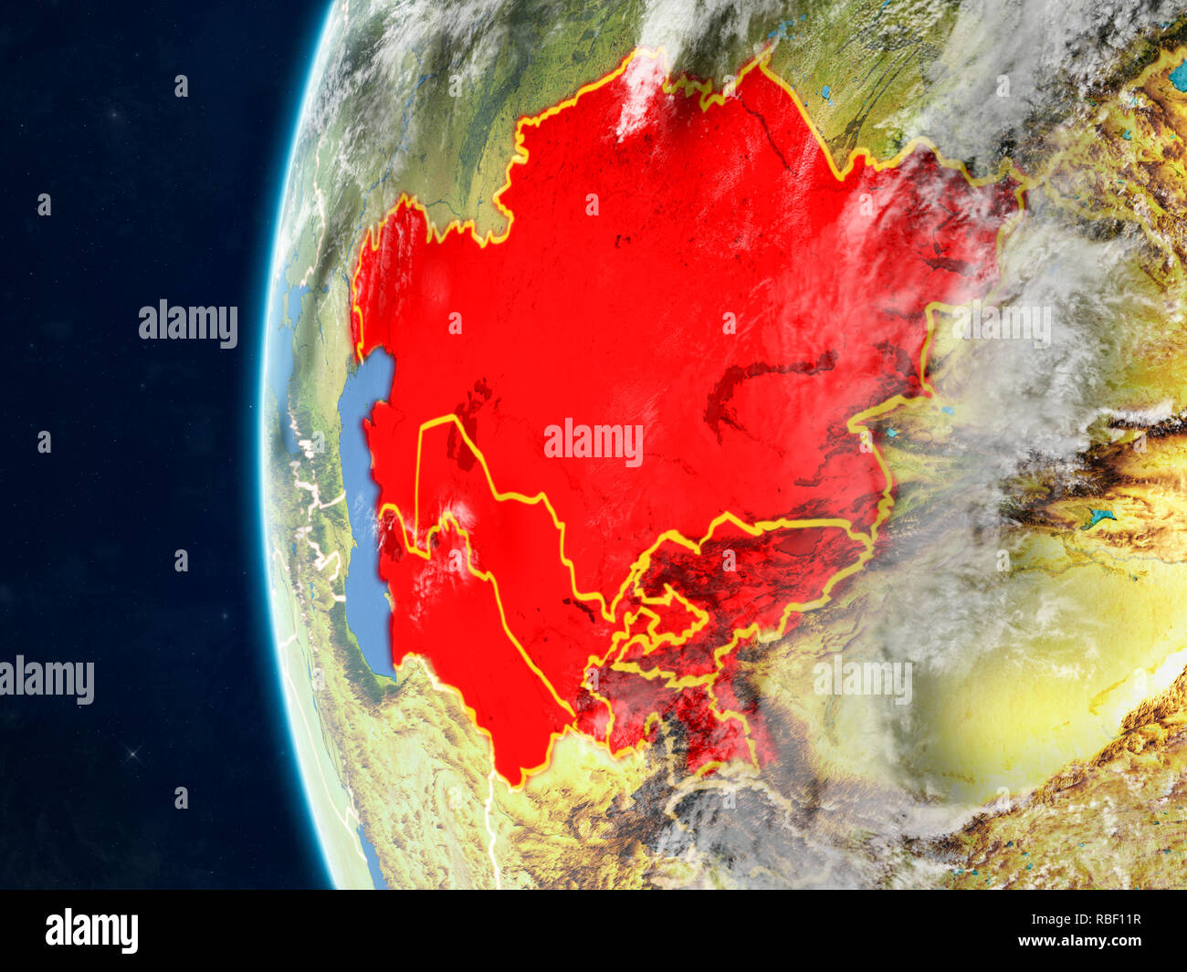 Central Asia from space on model of planet Earth with country borders ...