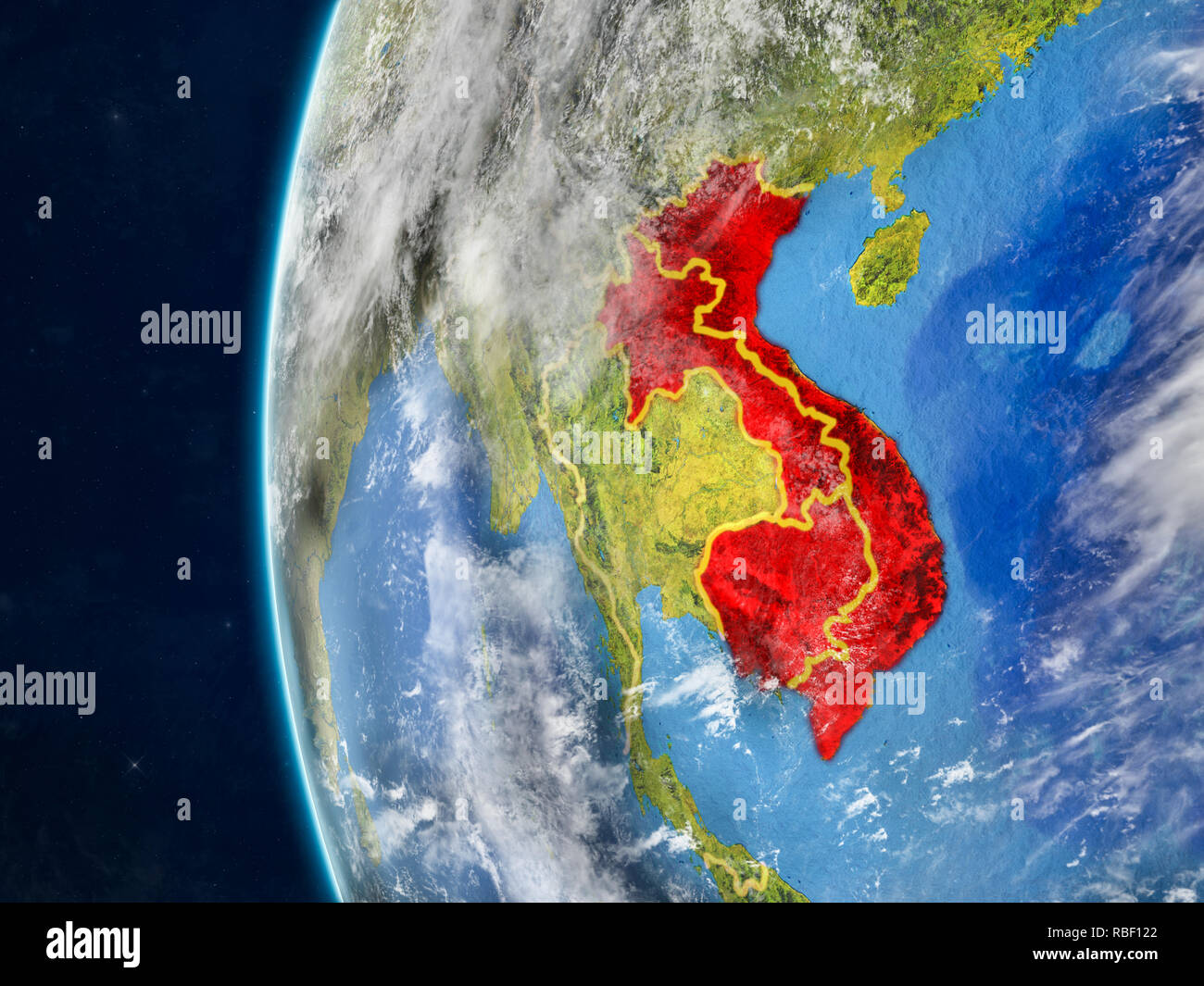 Indochina from space on model of planet Earth with country borders and ...