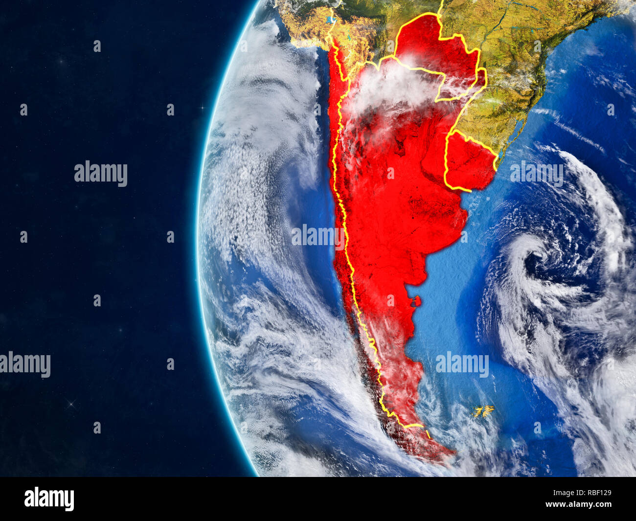 Southern Cone from space on model of planet Earth with country borders ...