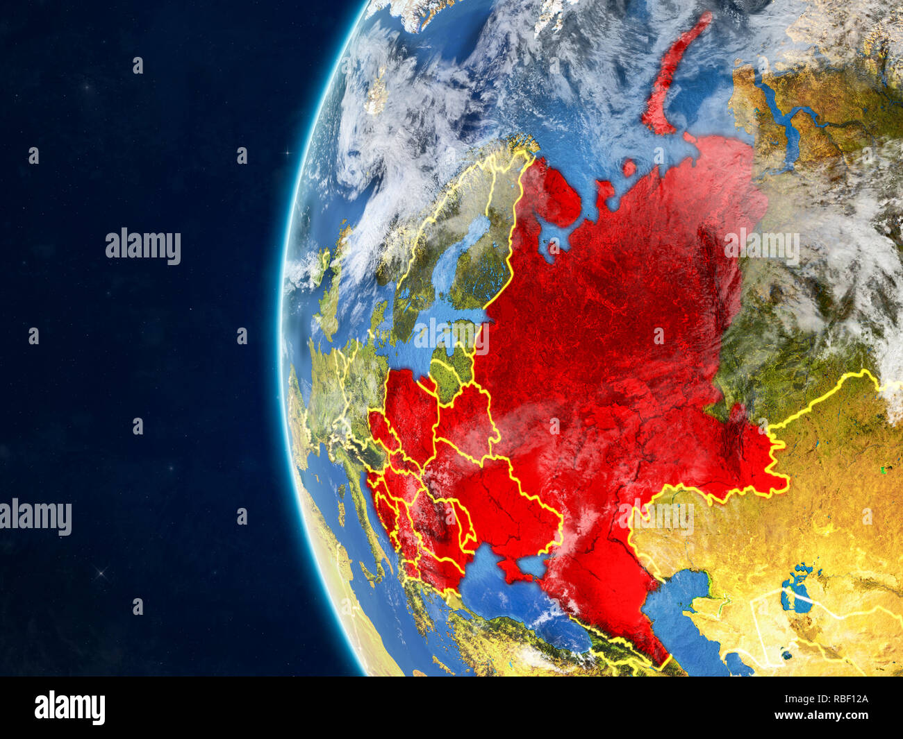 Eastern Europe from space on model of planet Earth with country borders ...